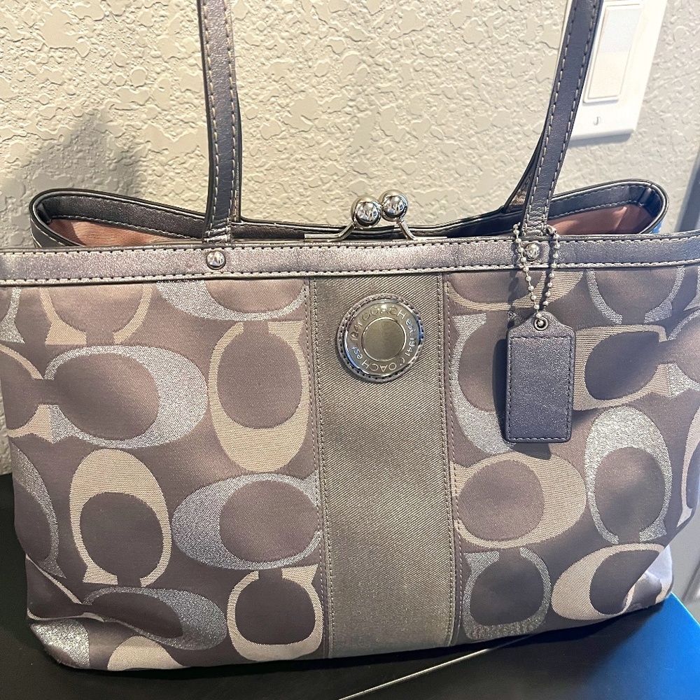 Coach Gray & Metallic Satchel With Leather Trim - Gem